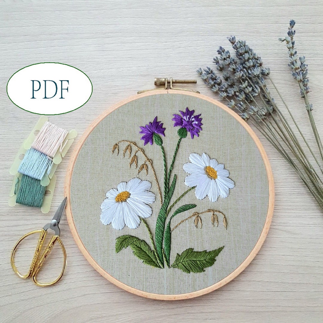 Daisy and Cornflower Pdf Hand Embroidery Beginner Botanical Pattern DIY, Chamomile Design - Etsy