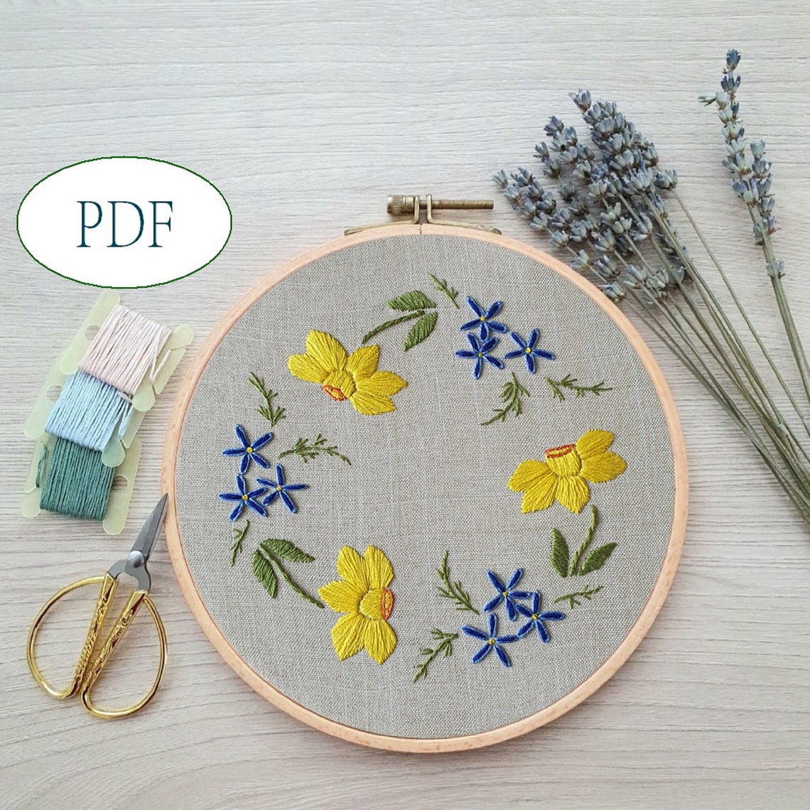 Yellow Daffodils Wreath Hand Embroidery, Spring Flowers Pattern DIY ...