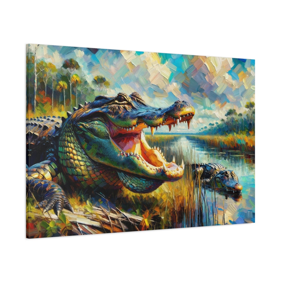A Scene From the Florida Everglades With Two Alligators Oil Painted ...