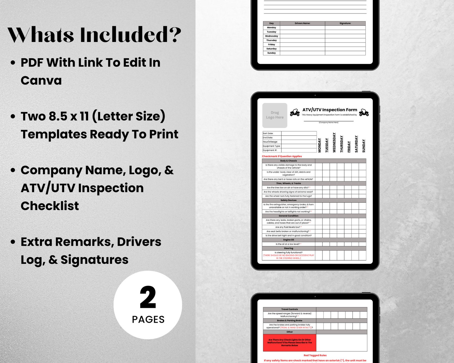 ATV/UTV Weekly Inspection Form Canva Editable Template Atv Inspection ...