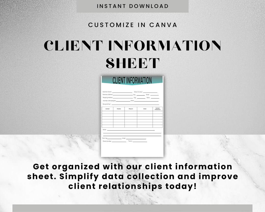 Client Information Sheet Canva Editable Template Customer Information ...
