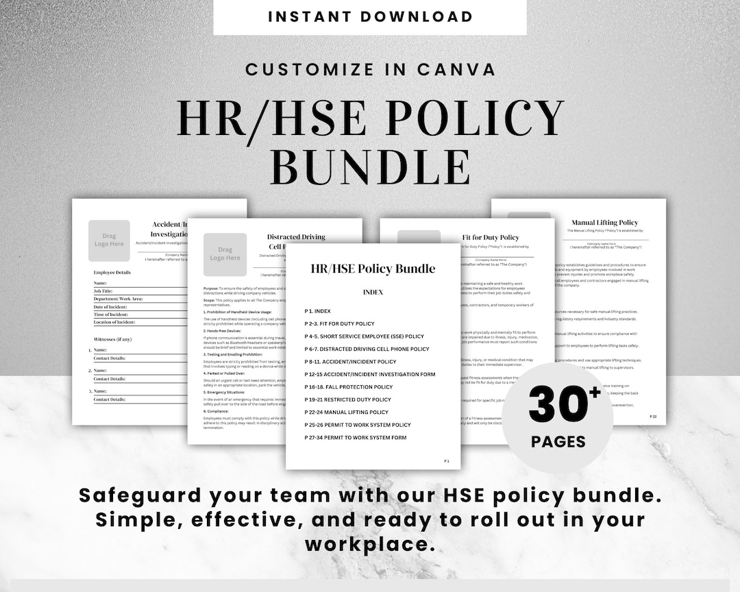 HR/HSE Policy Bundle Canva Editable Template Healthy Safety and ...