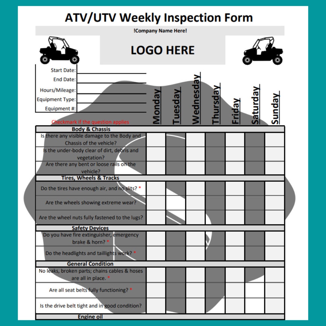 ATV/UTV Weekly Inspection Form - Etsy