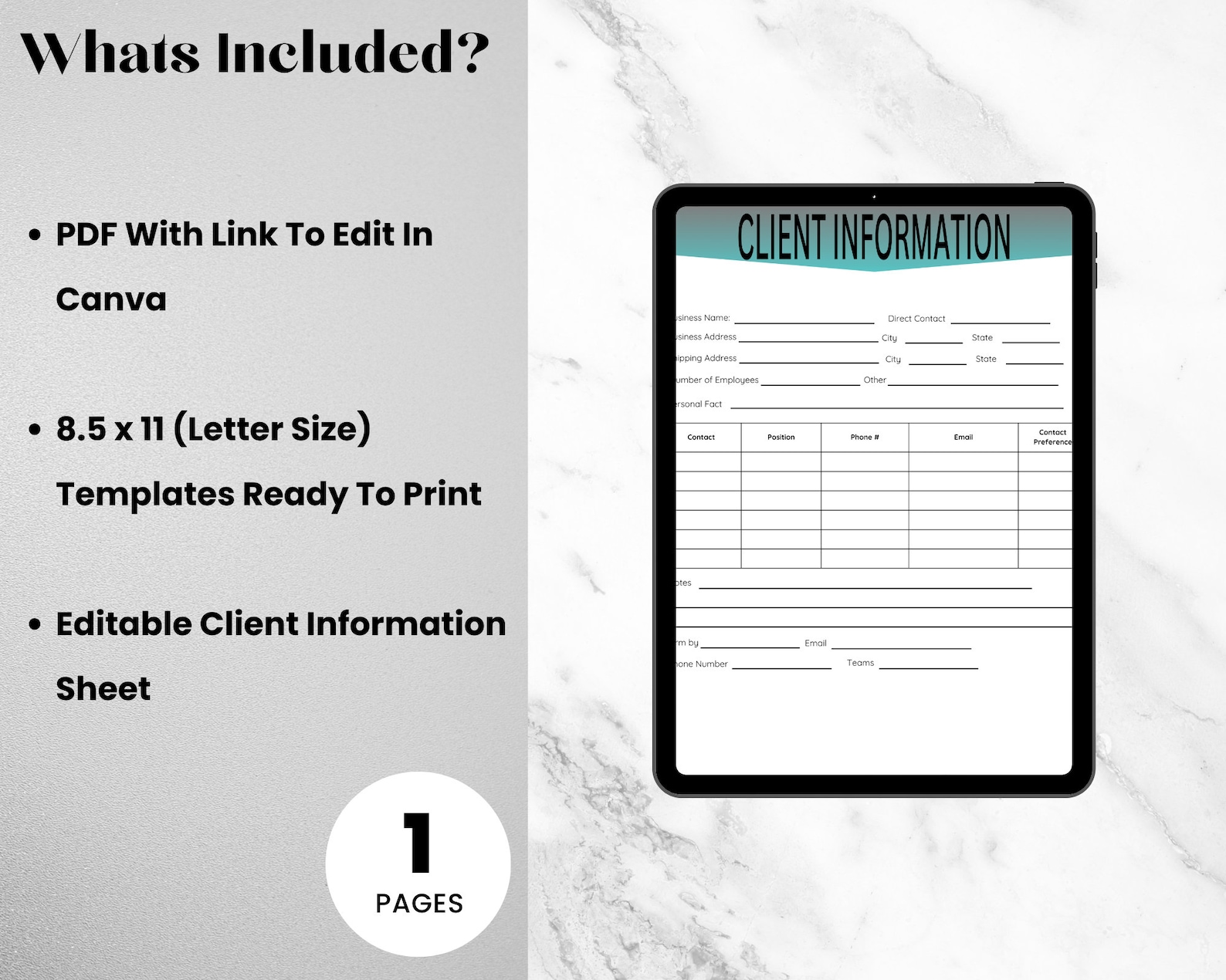 Client Information Sheet Canva Editable Template Customer Information ...