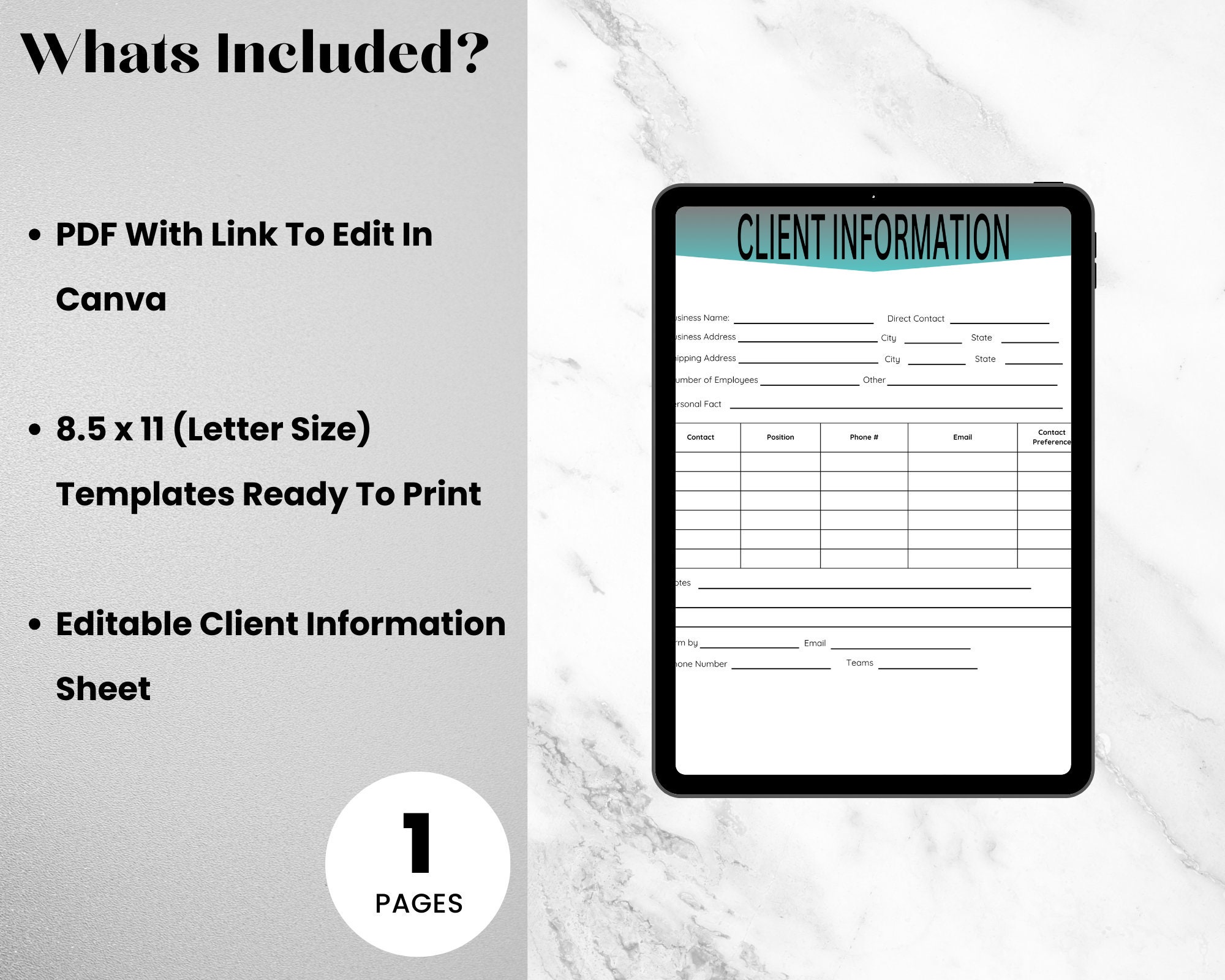 Client Information Sheet Canva Editable Template Customer Information ...