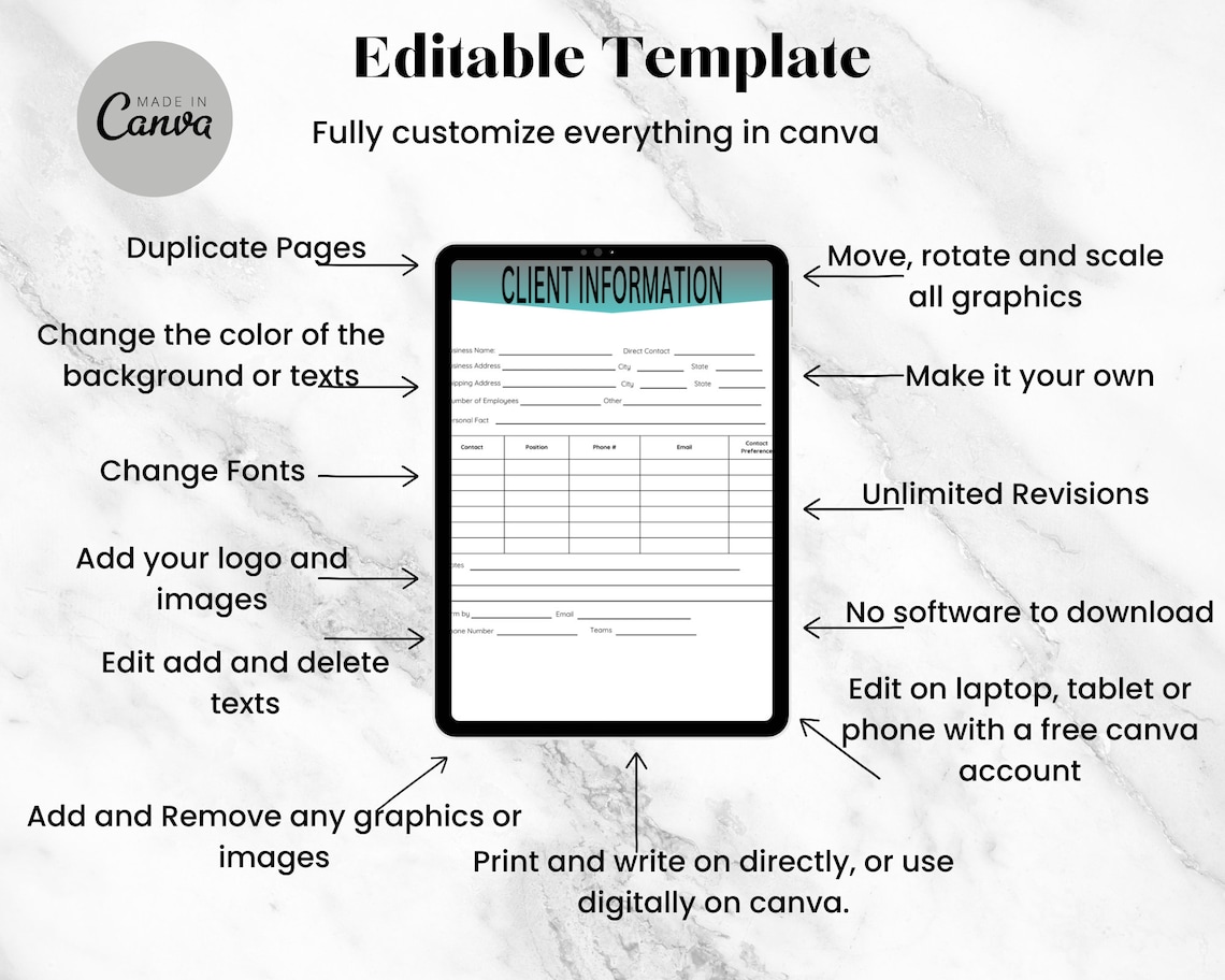 Client Information Sheet Canva Editable Template Customer Information ...