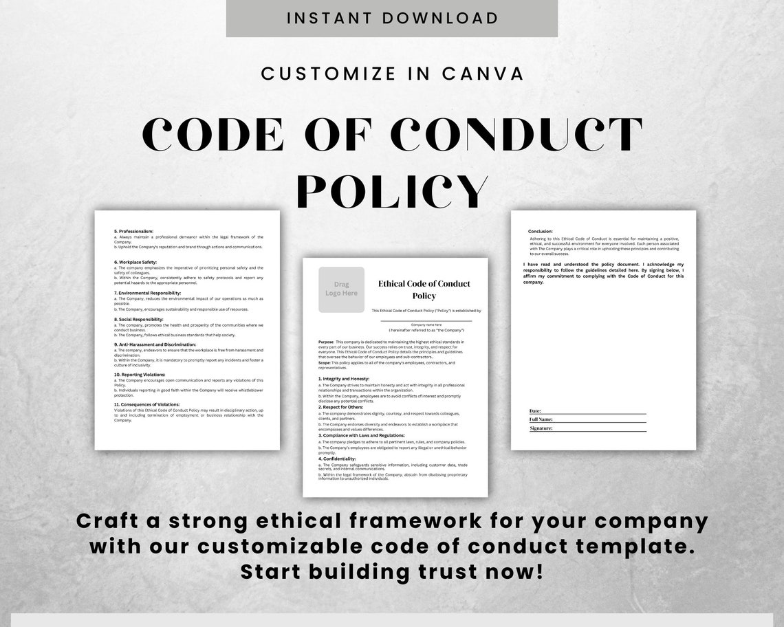 Ethical Code of Conduct Policy Canva Editable Template Code of Behavior ...