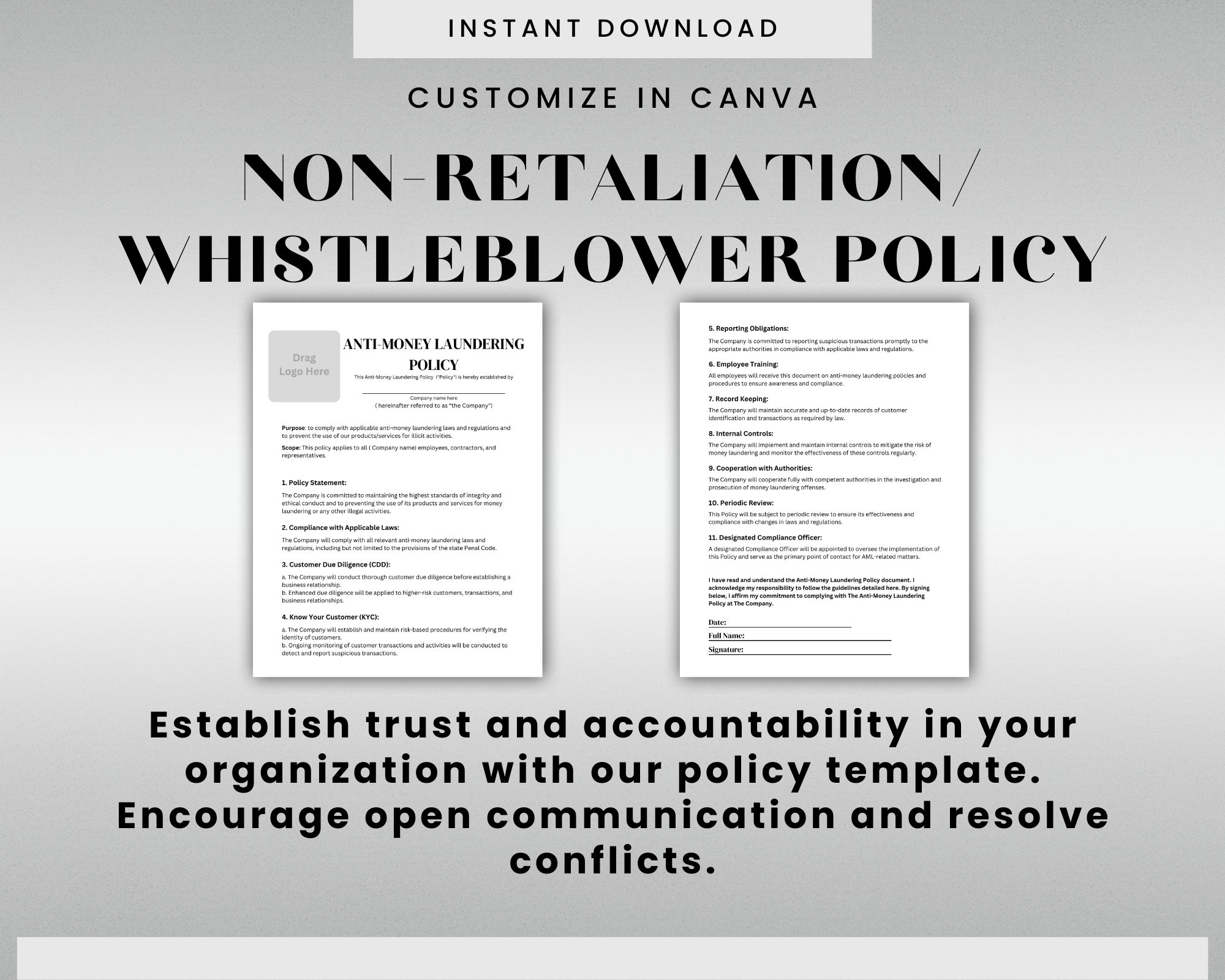 Non-retaliation Policy Canva Editable Template Whistleblower Policy ...