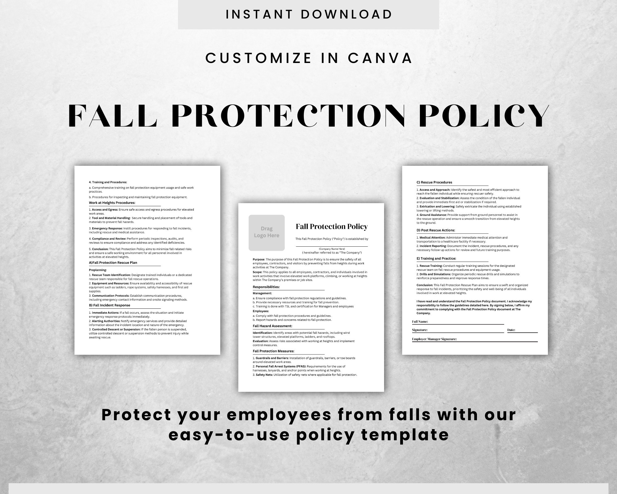 Fall Protection Policy Canva Editable Template Employee Safety Policy ...