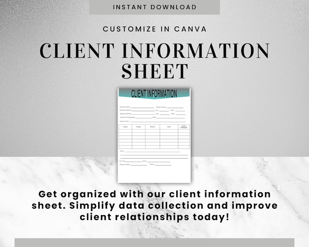 Client Information Sheet Canva Editable Template Customer Information ...