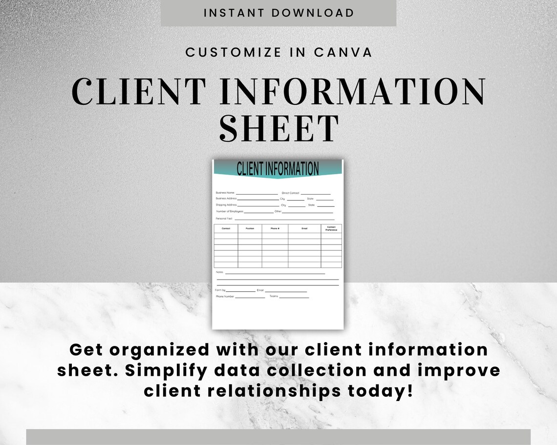 Client Information Sheet Canva Editable Template Customer Information ...