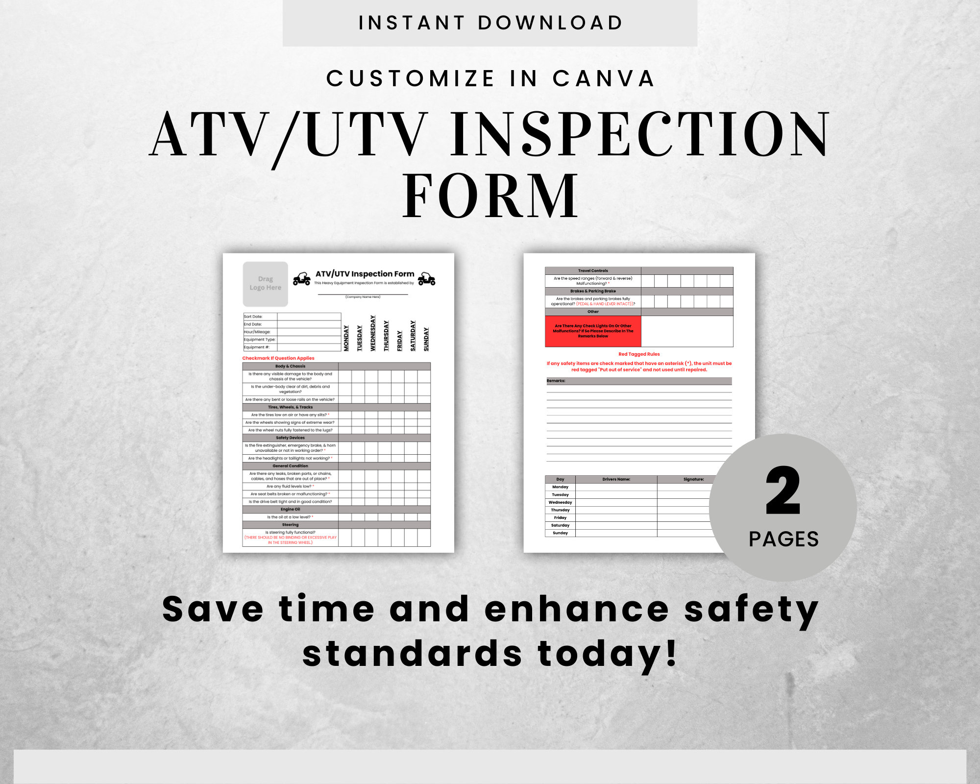 ATV/UTV Weekly Inspection Form Canva Editable Template Atv Inspection ...