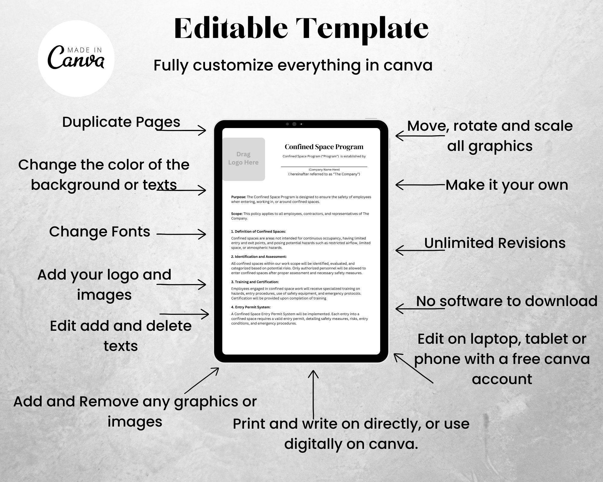 Confined Space Program Canva Editable Template Company Procedures Confined Space Entry Program ...