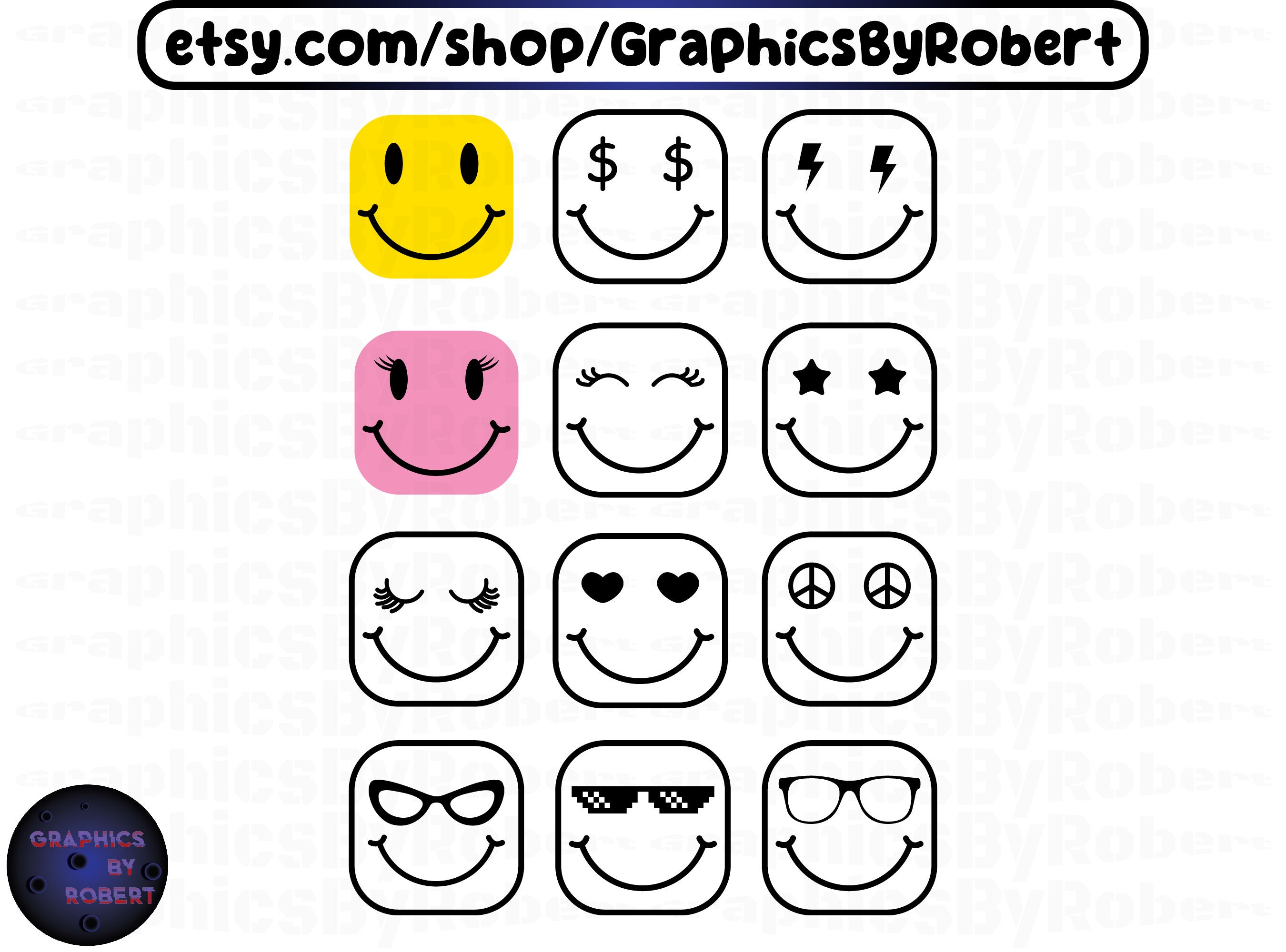 Square Smiley Face Svg Bundle, Smiley Face Svg, Retro Smiley Svg ...