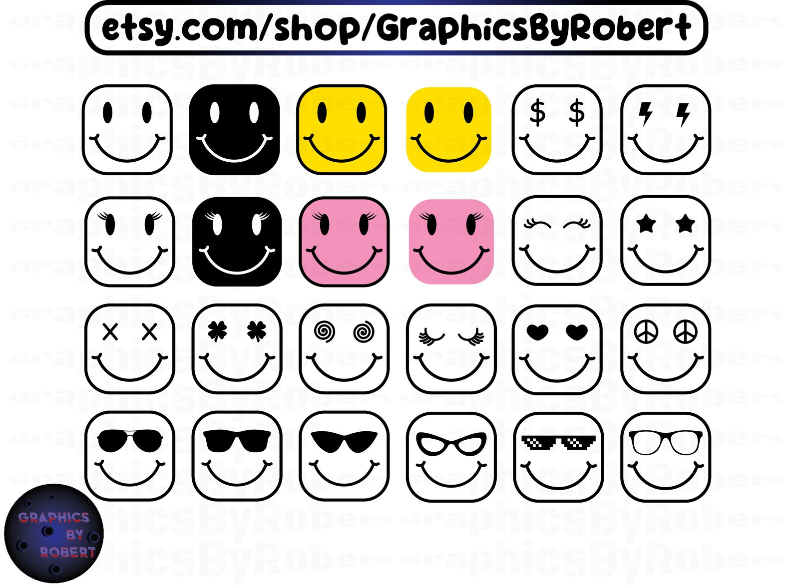 Square Smiley Face Svg Bundle, Smiley Face Svg, Retro Smiley Svg ...