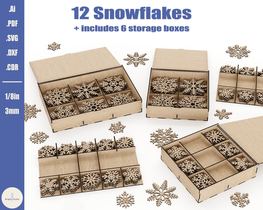 Snowflake Laser Cut Files: 12 Designs + 6 Storage Boxes (SVG, PDF, DXF ...