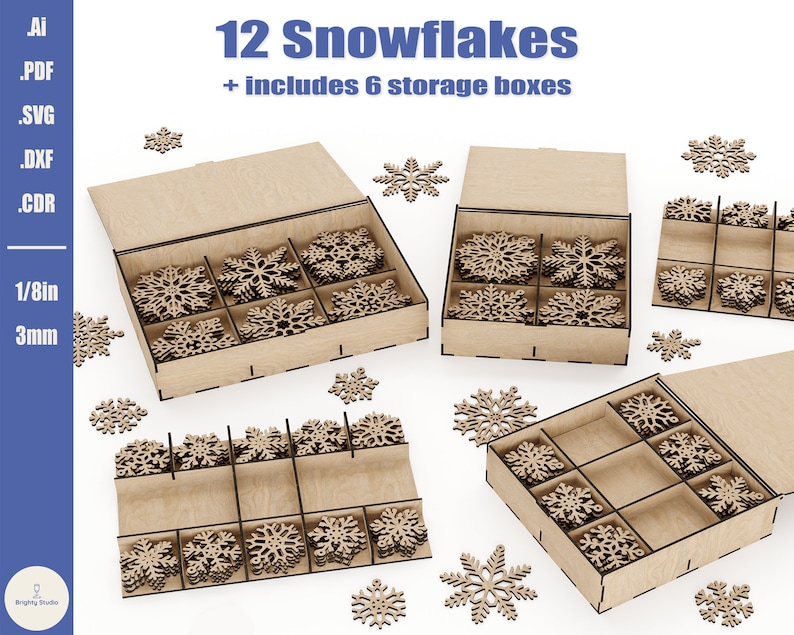 Snowflake Laser Cut Files: 12 Designs + 6 Storage Boxes (SVG, PDF, DXF ...