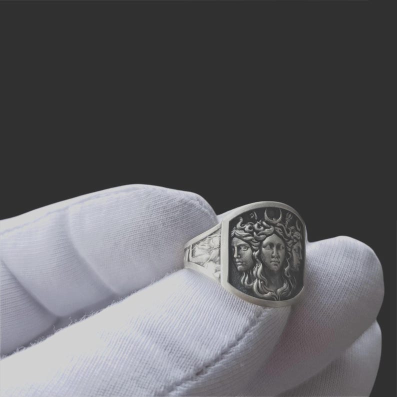 Hecate Triple Moon Goddess Ring, Oxidized Sterling Silver Signet, Greek ...