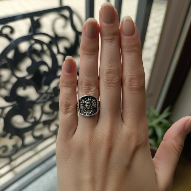 Hecate Triple Moon Goddess Ring, Oxidized Sterling Silver Signet, Greek ...