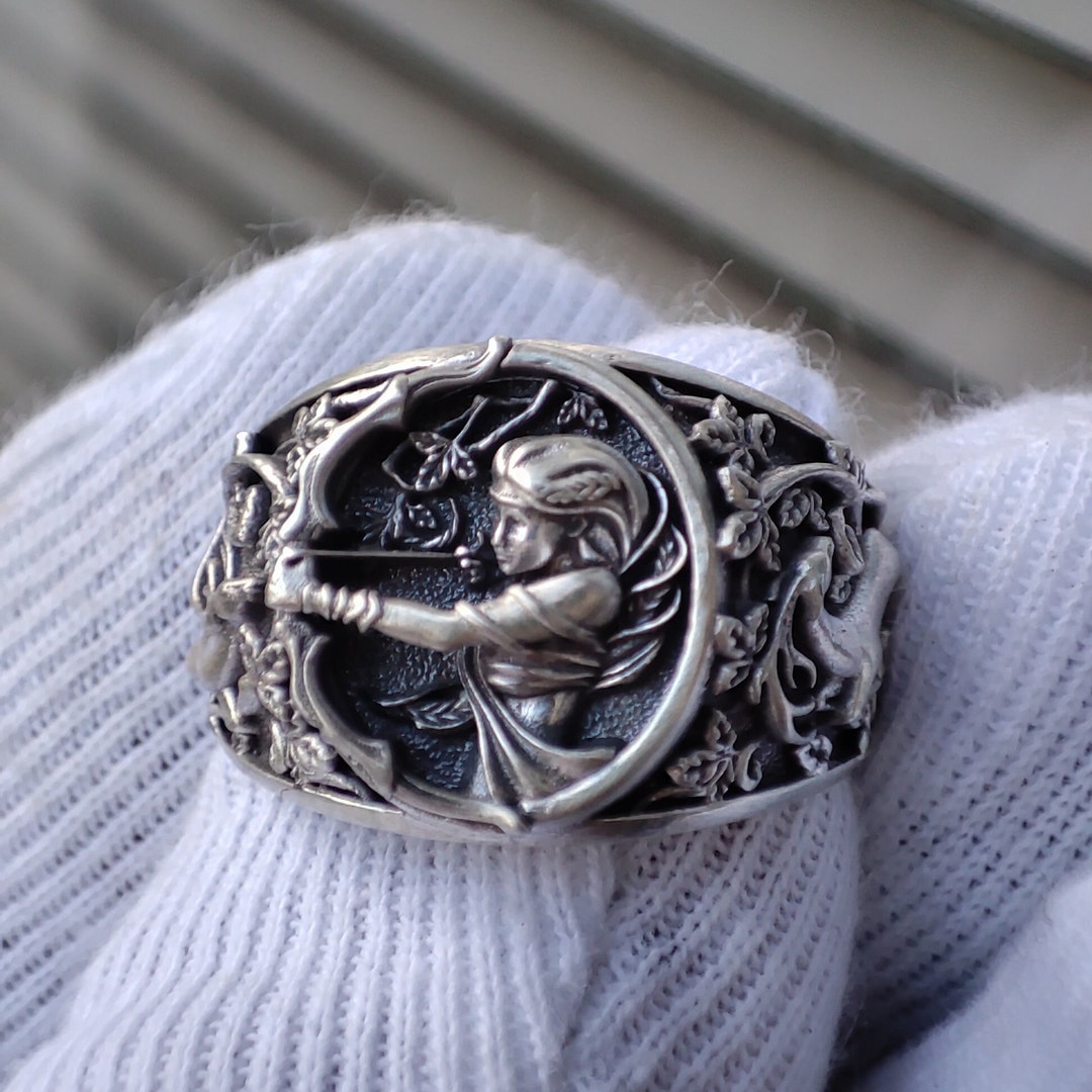 Goddess Artemis Ring in Mythology, Archer Goddess Diana Ring in Sterling Silver, Leaves and Deer ...
