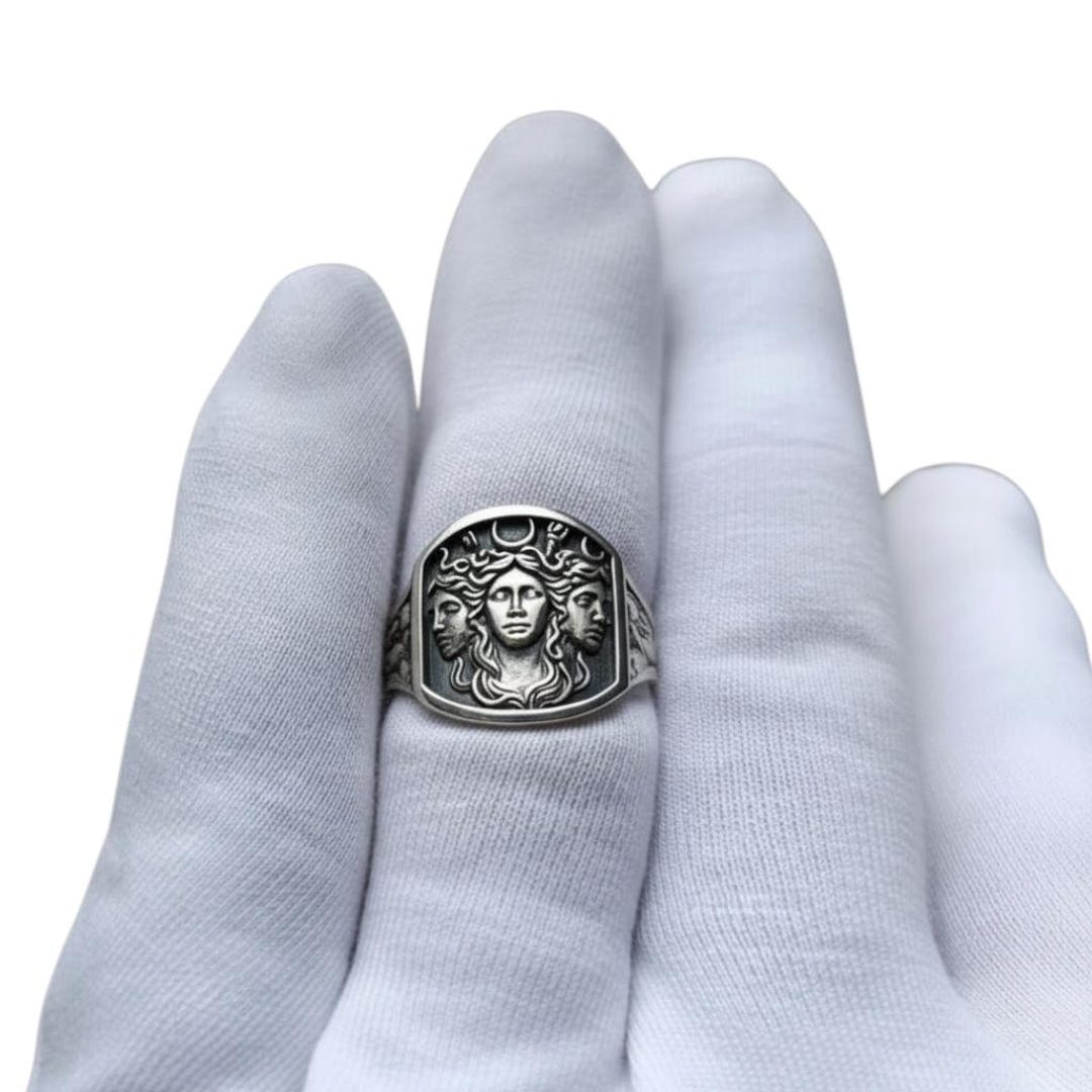 Hecate Triple Moon Goddess Ring, Oxidized Sterling Silver Signet, Greek ...