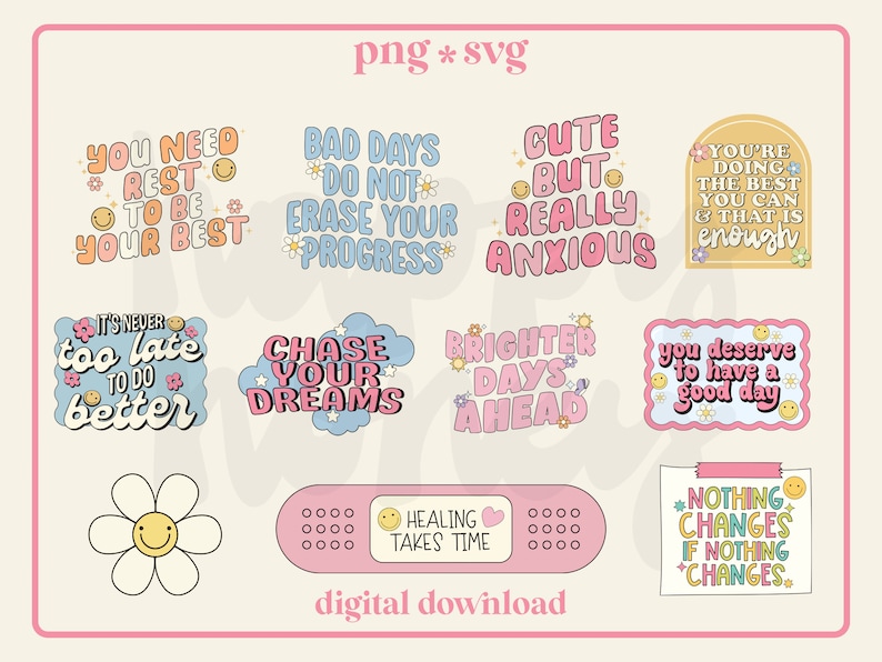 Cute Mental Health SVG PNG Bundle, Trendy, Positive Quotes, Flowers ...