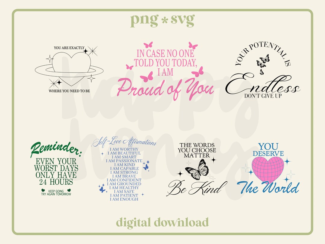 Positive Affirmations SVG PNG Bundle: Mental Health Designs (commercial ...