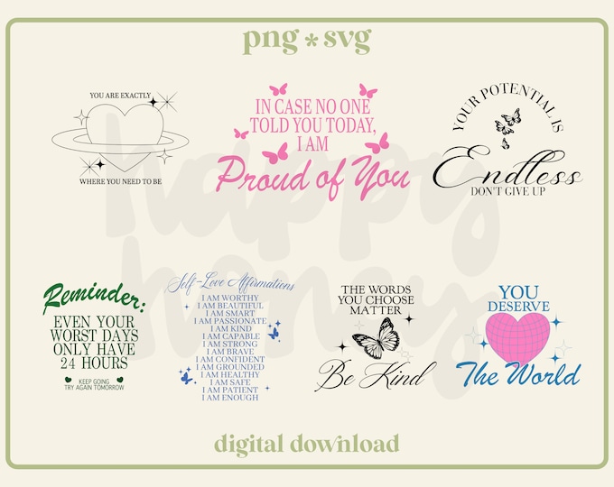 Positive Affirmations SVG PNG Bundle: Mental Health Designs (commercial ...
