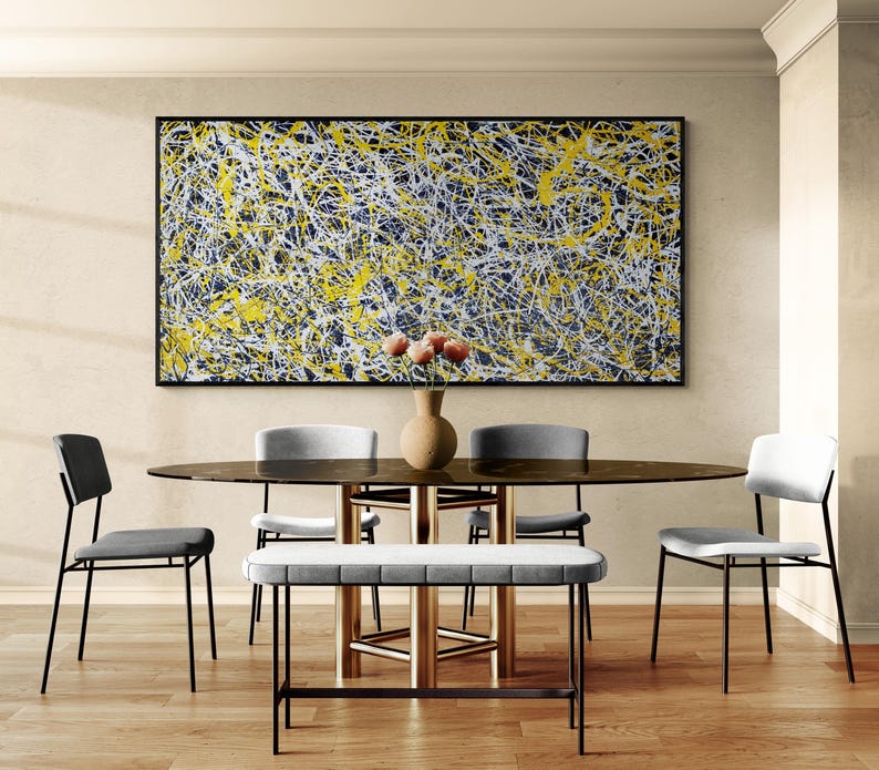 XXL Jackson Pollock Style Yellow & Black Canvas | Handmade Abstract ...