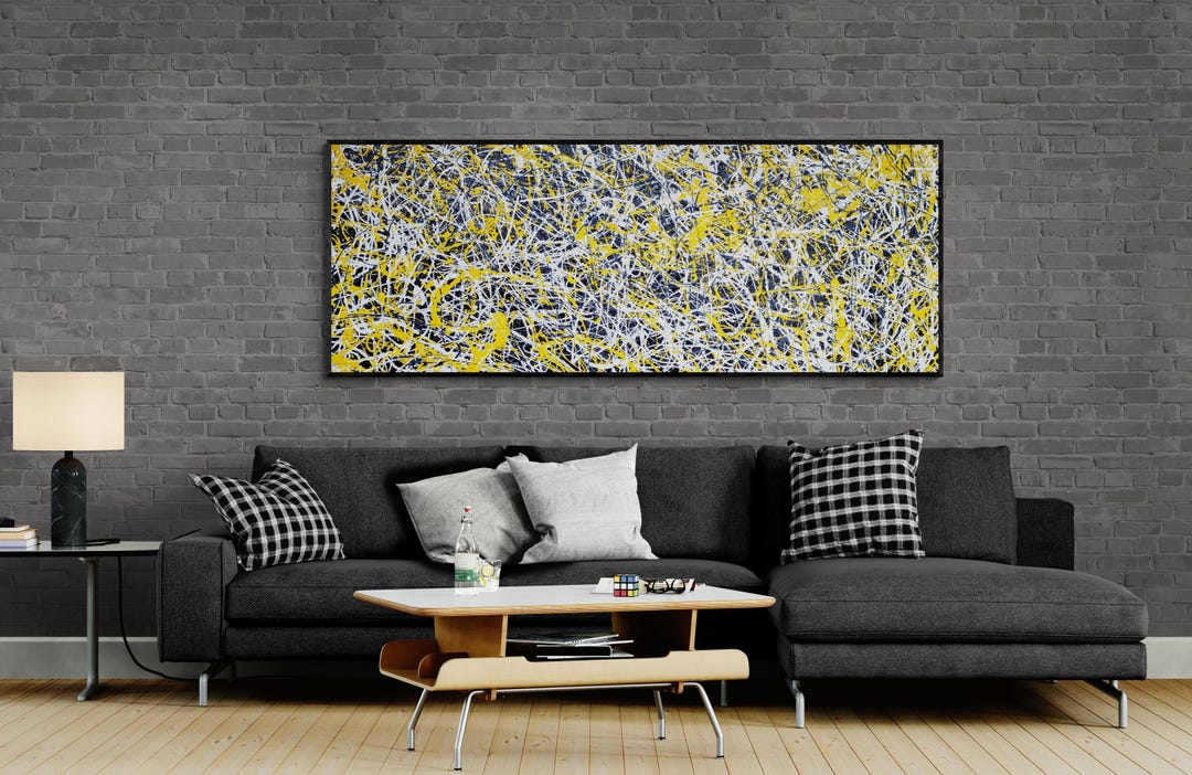 Panoramic Jackson Pollock Inspired Yellow & Black Abstract Canvas ...