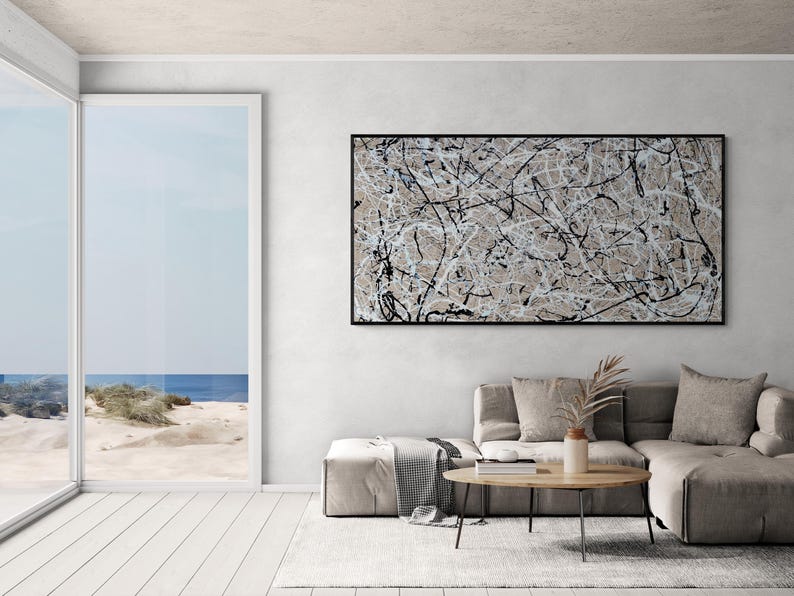Jackson Pollock Style Black & White Abstract Canvas | 200x100 Cm Sand ...