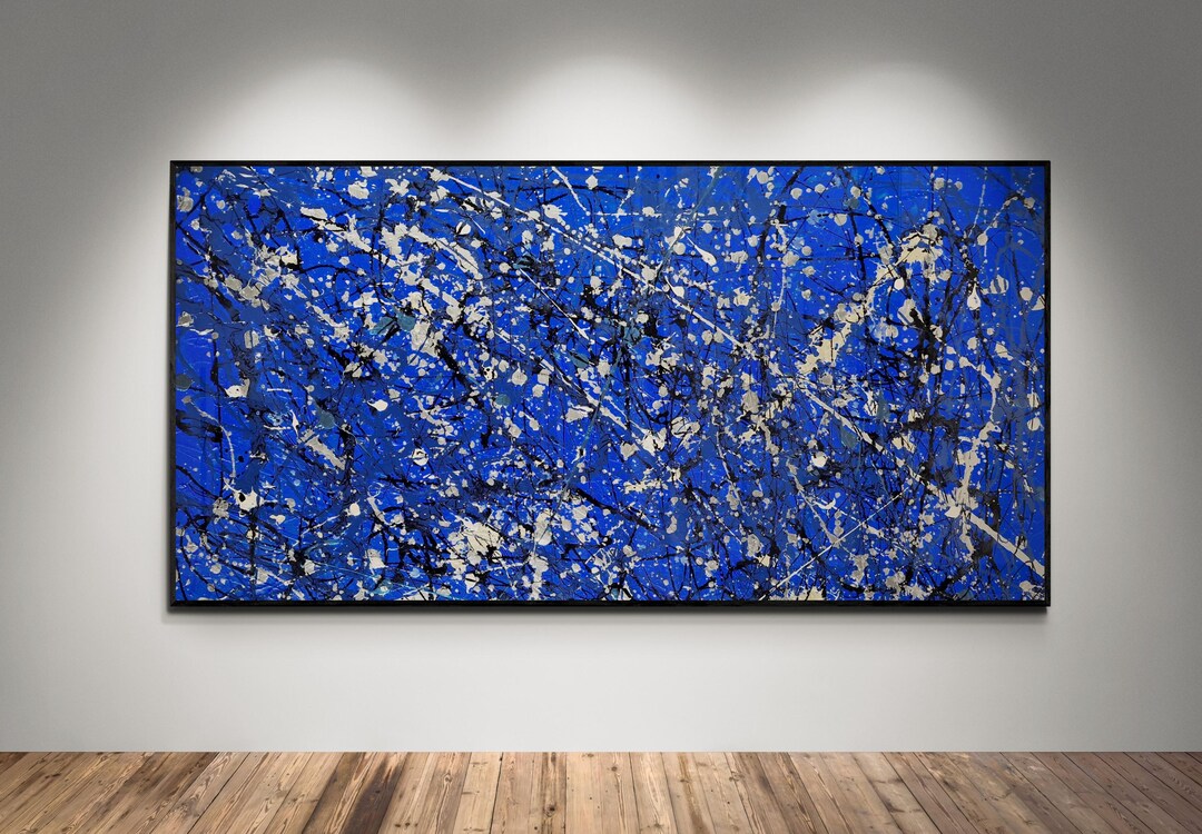 XXL Jackson Pollock stijl blauw abstract canvas Uniek handgemaakt ...