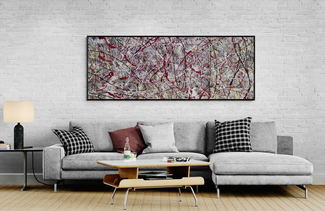 Panoramic Jackson Pollock Style Gray Canvas | Handcrafted Drip Abstract ...