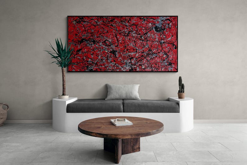Jackson Pollock Inspired Red & Black Abstract Canvas | 200x100 Cm ...