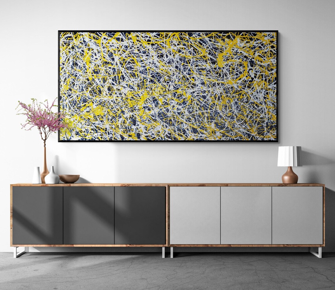 XXL Jackson Pollock Style Yellow & Black Canvas | Handmade Abstract ...