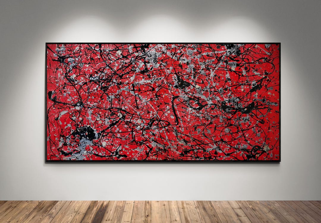 XXL Jackson Pollock Style Red Canvas | Original Abstract Canvas Black ...