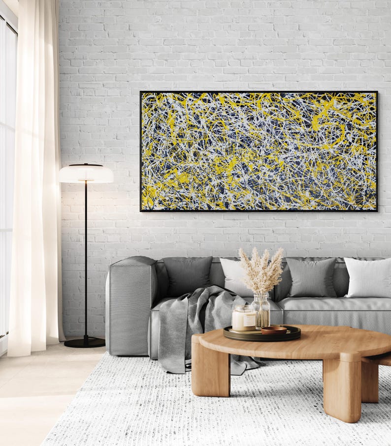 Jackson Pollock Inspired Yellow & Black Abstract Canvas | 200x100 Cm ...