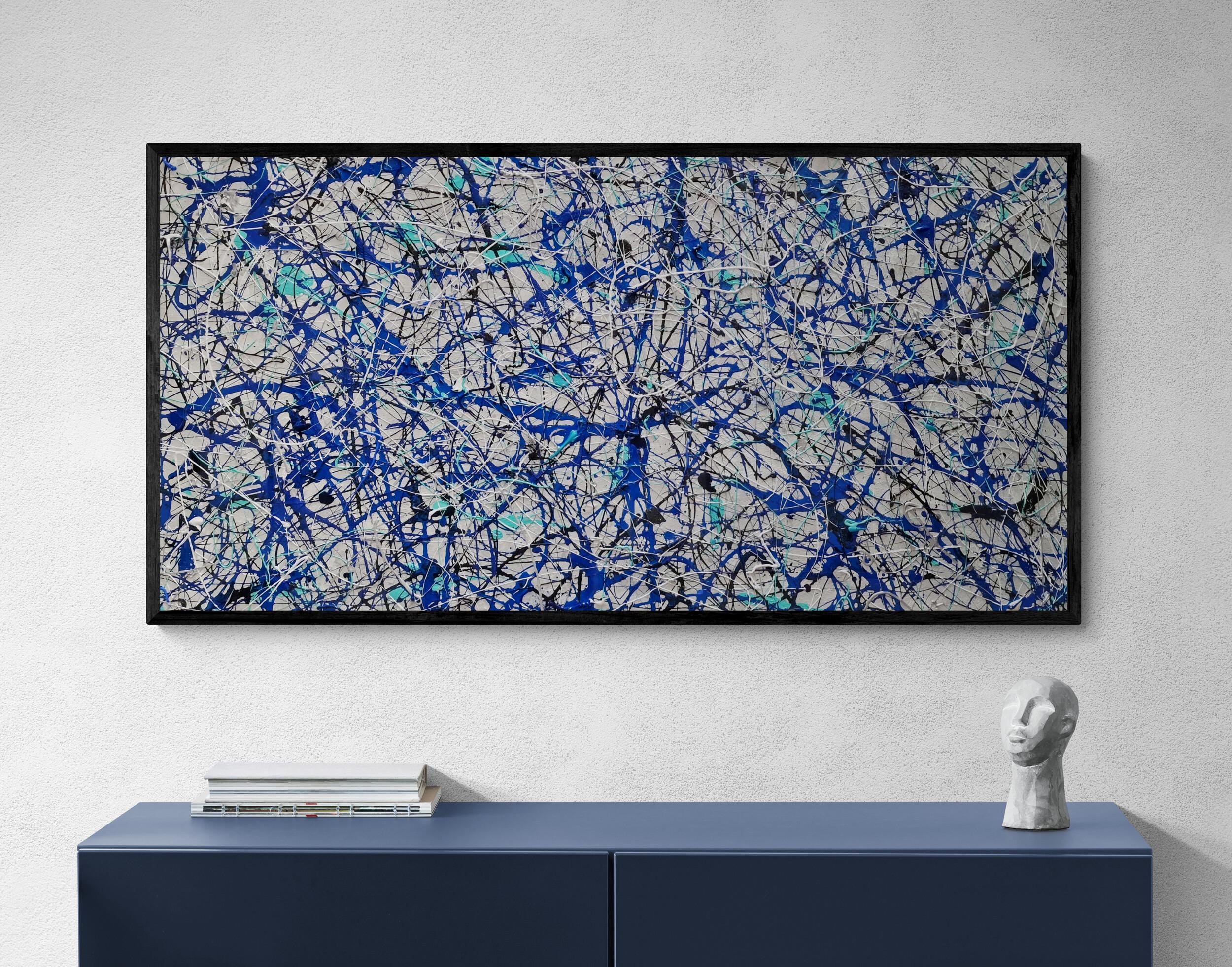 XXL Jackson Pollock Style Gray & Blue Canvas | Original Drip Abstract ...