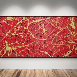 XXL Jackson Pollock Style Red Yellow | Abstract Canvas Handcrafted Drip ...