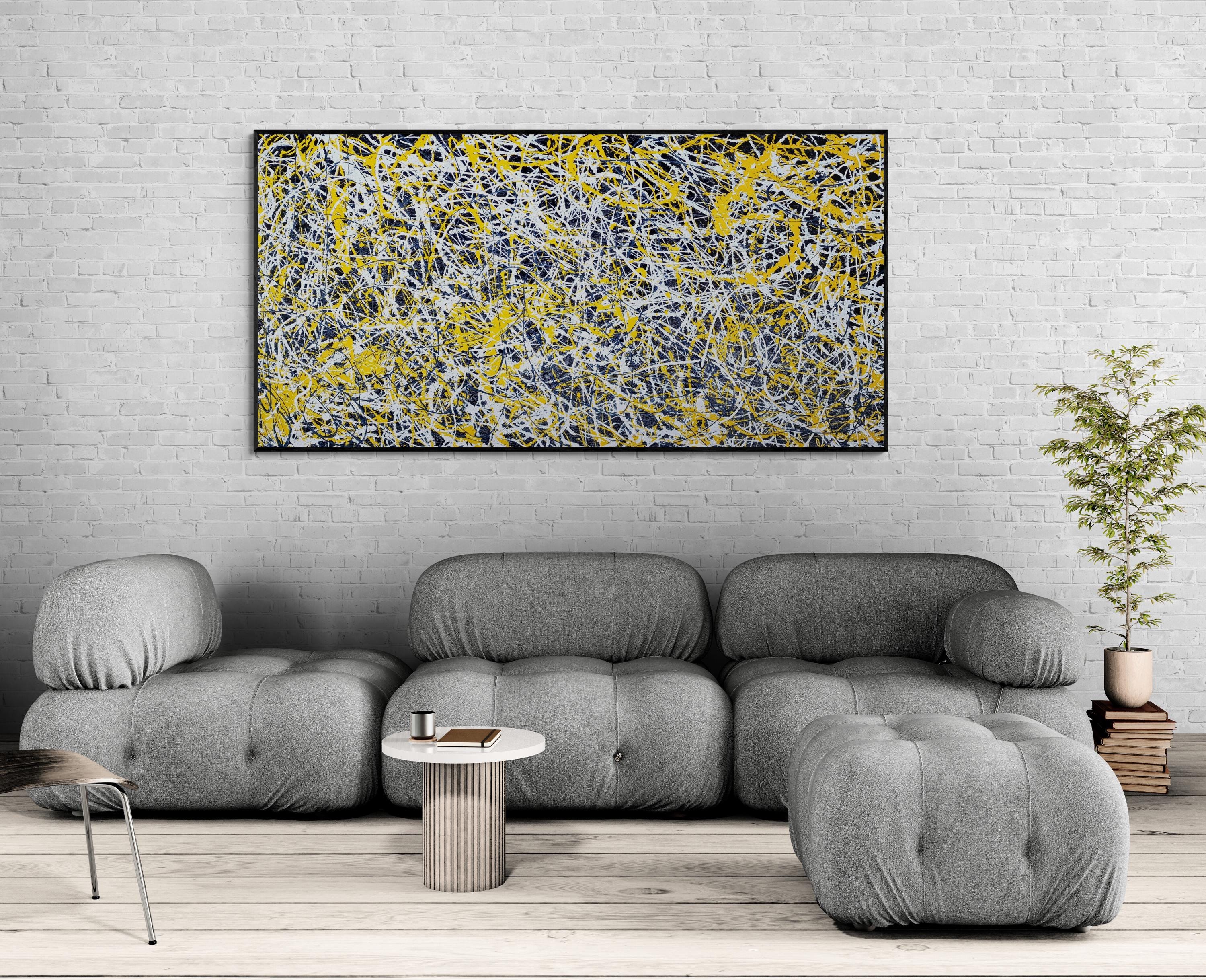 Jackson Pollock Inspired Yellow & Black Abstract Canvas | 200x100 Cm ...