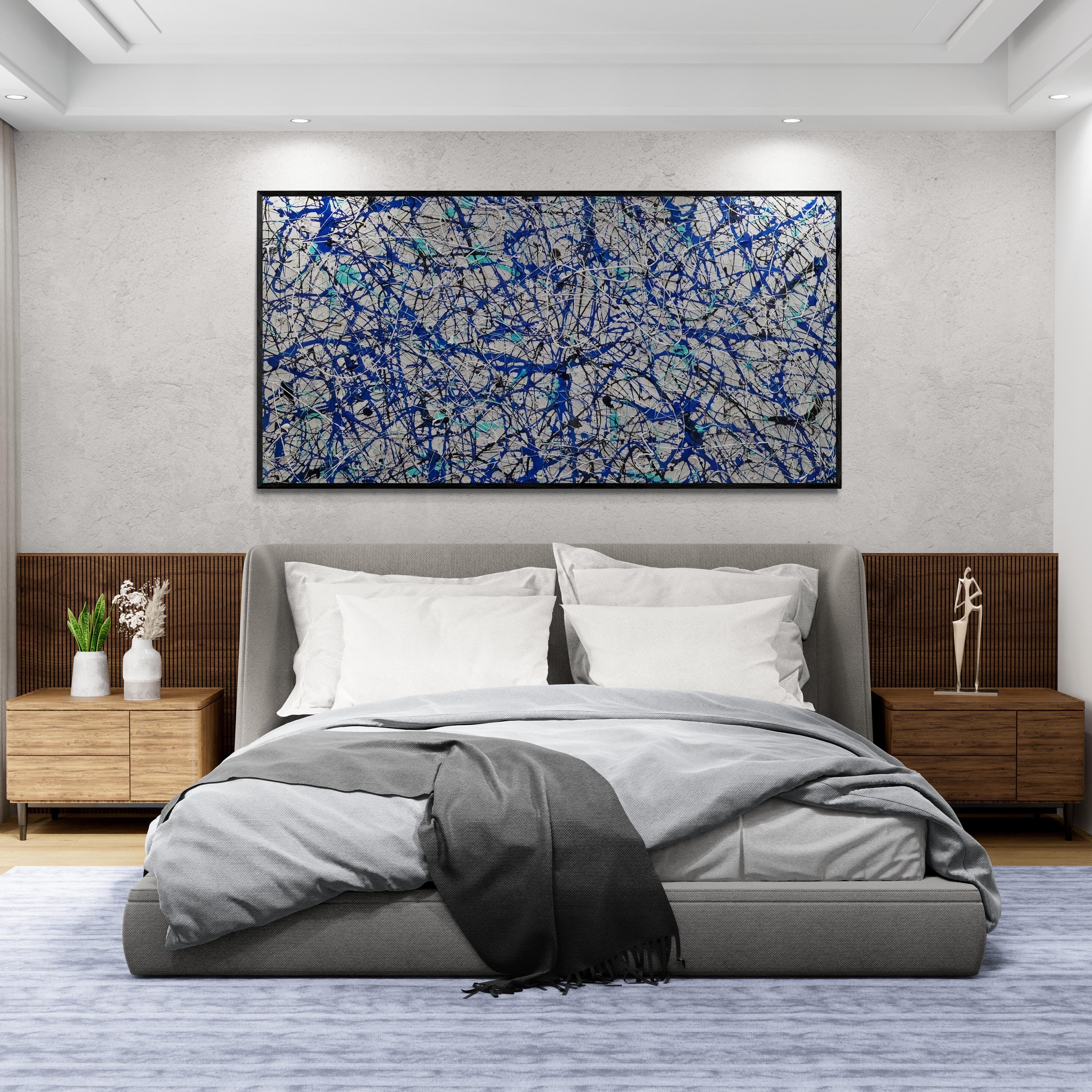 XXL Jackson Pollock Style Gray & Blue Canvas | Original Drip Abstract ...