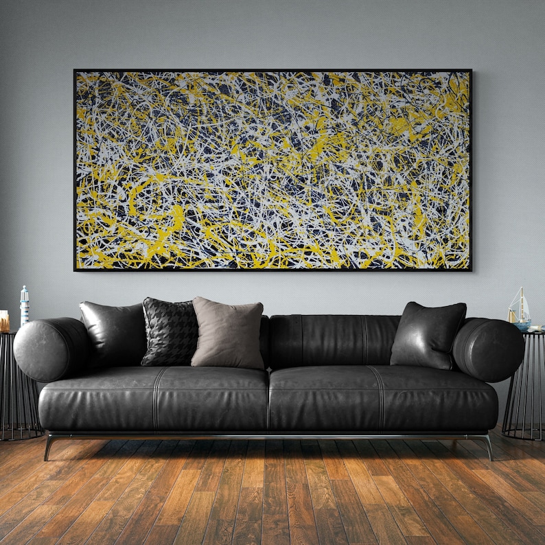 XXL Jackson Pollock Style Yellow & Black Canvas | Handmade Abstract ...