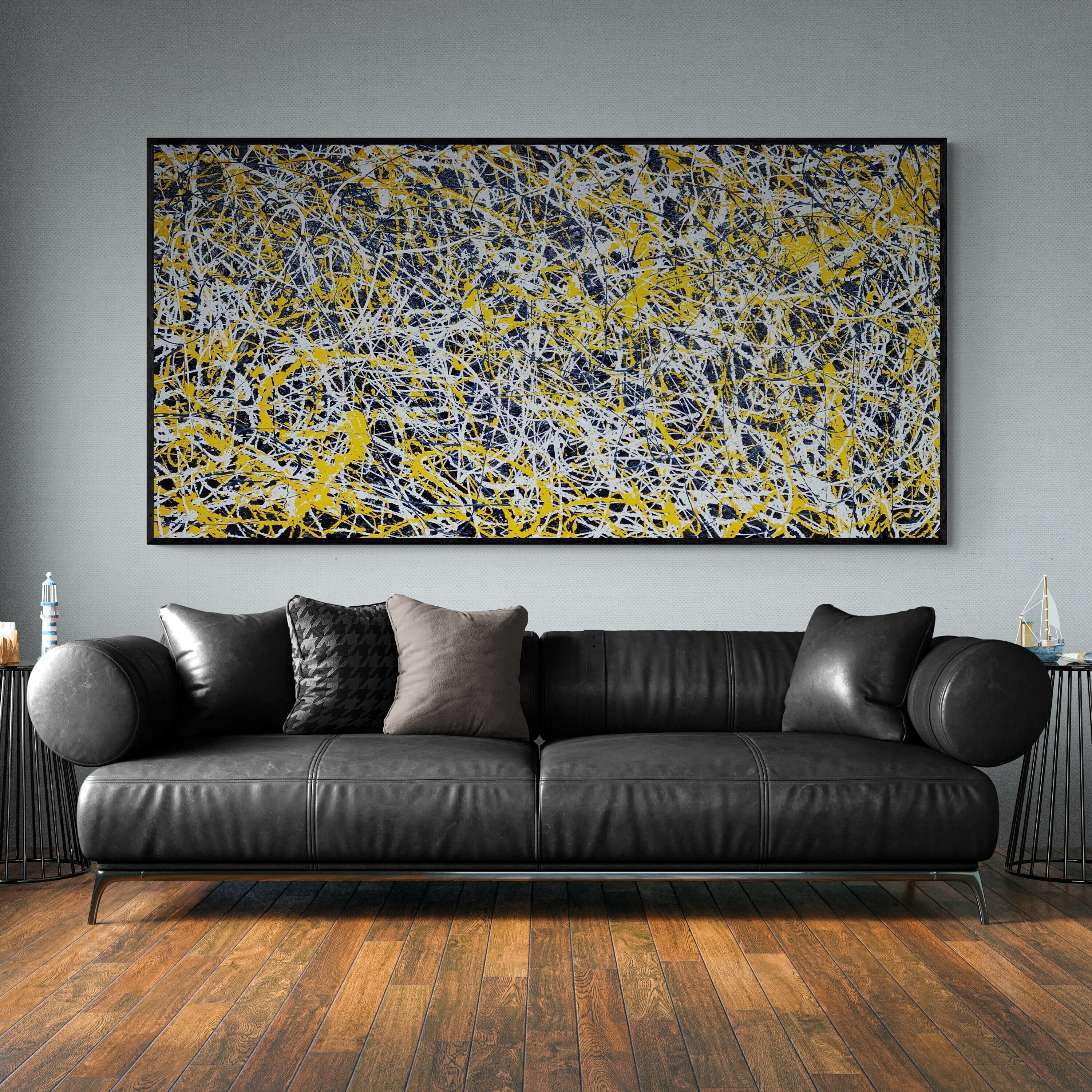 XXL Jackson Pollock Style Yellow & Black Canvas | Handmade Abstract ...