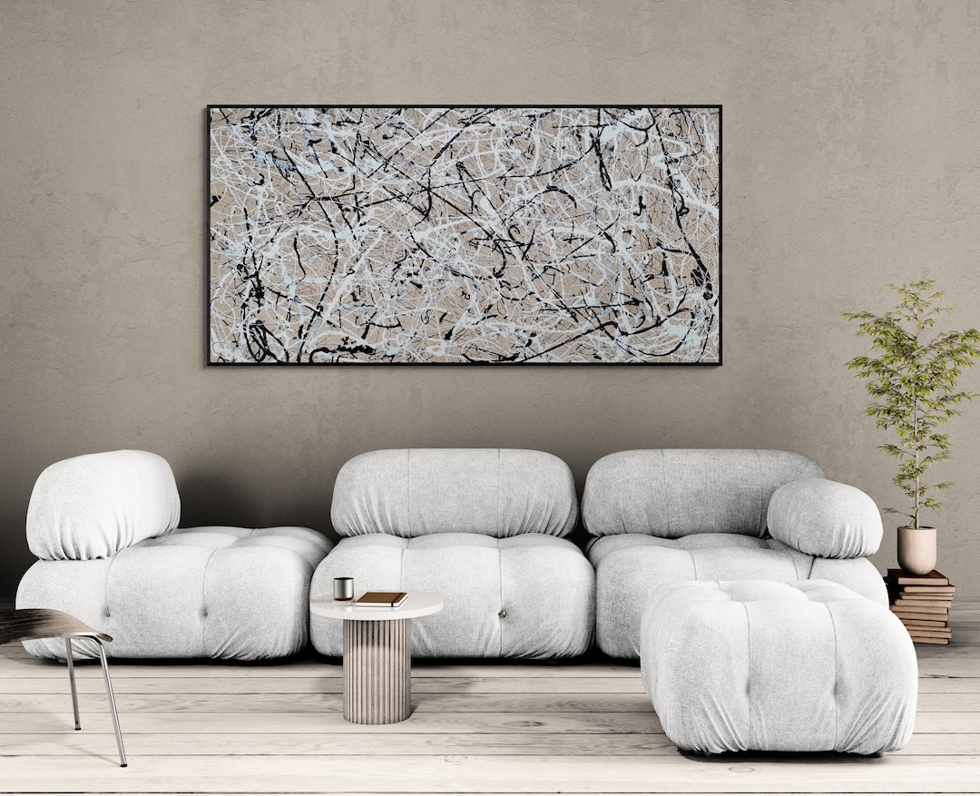 Jackson Pollock Inspired Black & White Abstract Canvas | 150x75 Cm Sand ...