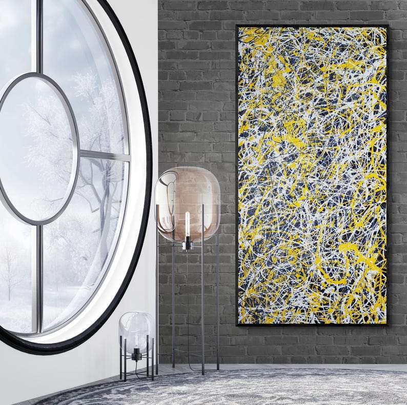 XXL Jackson Pollock Style Yellow & Black Canvas | Handmade Abstract ...