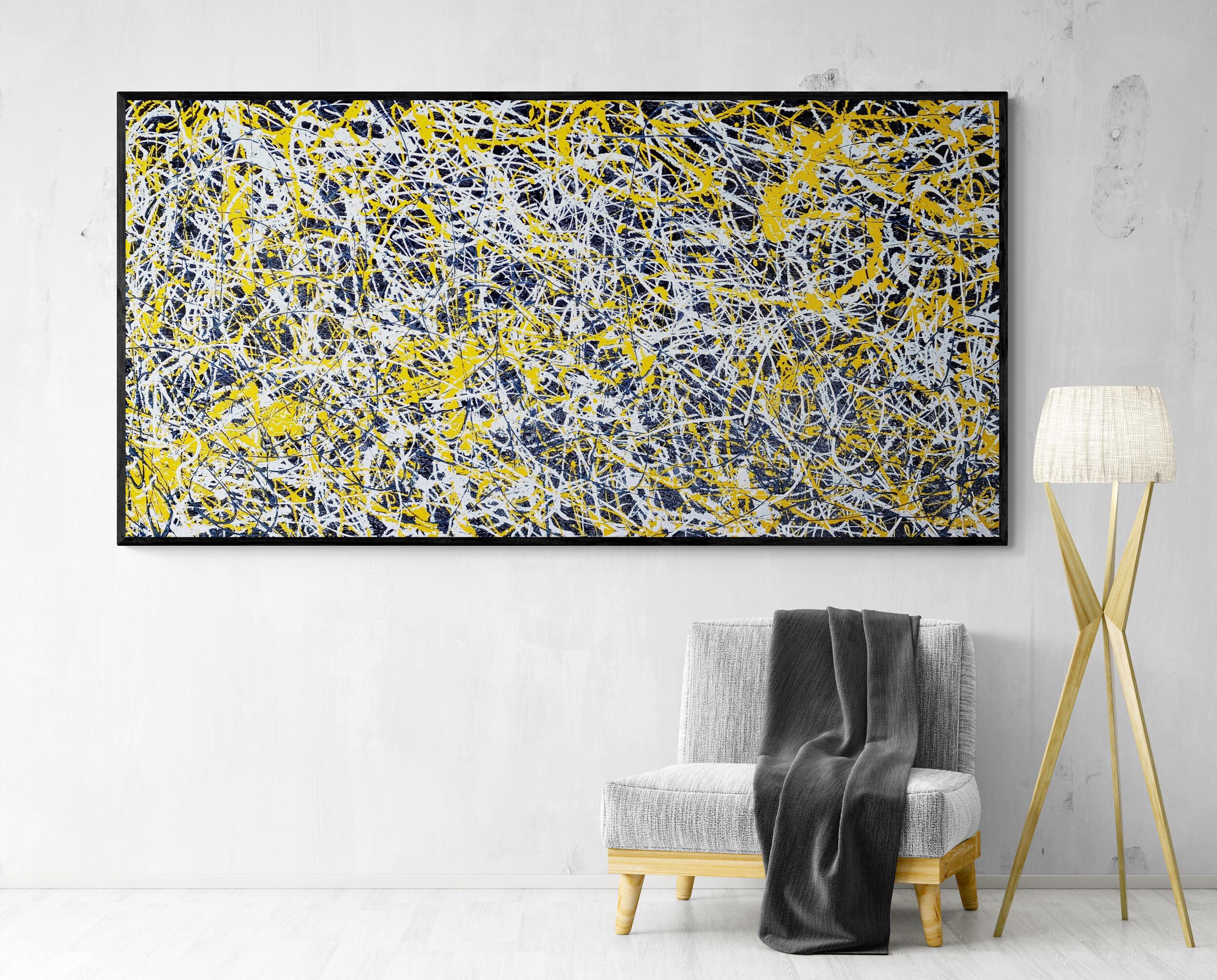 Jackson Pollock Inspired Yellow & Black Abstract Canvas | 200x100 Cm ...