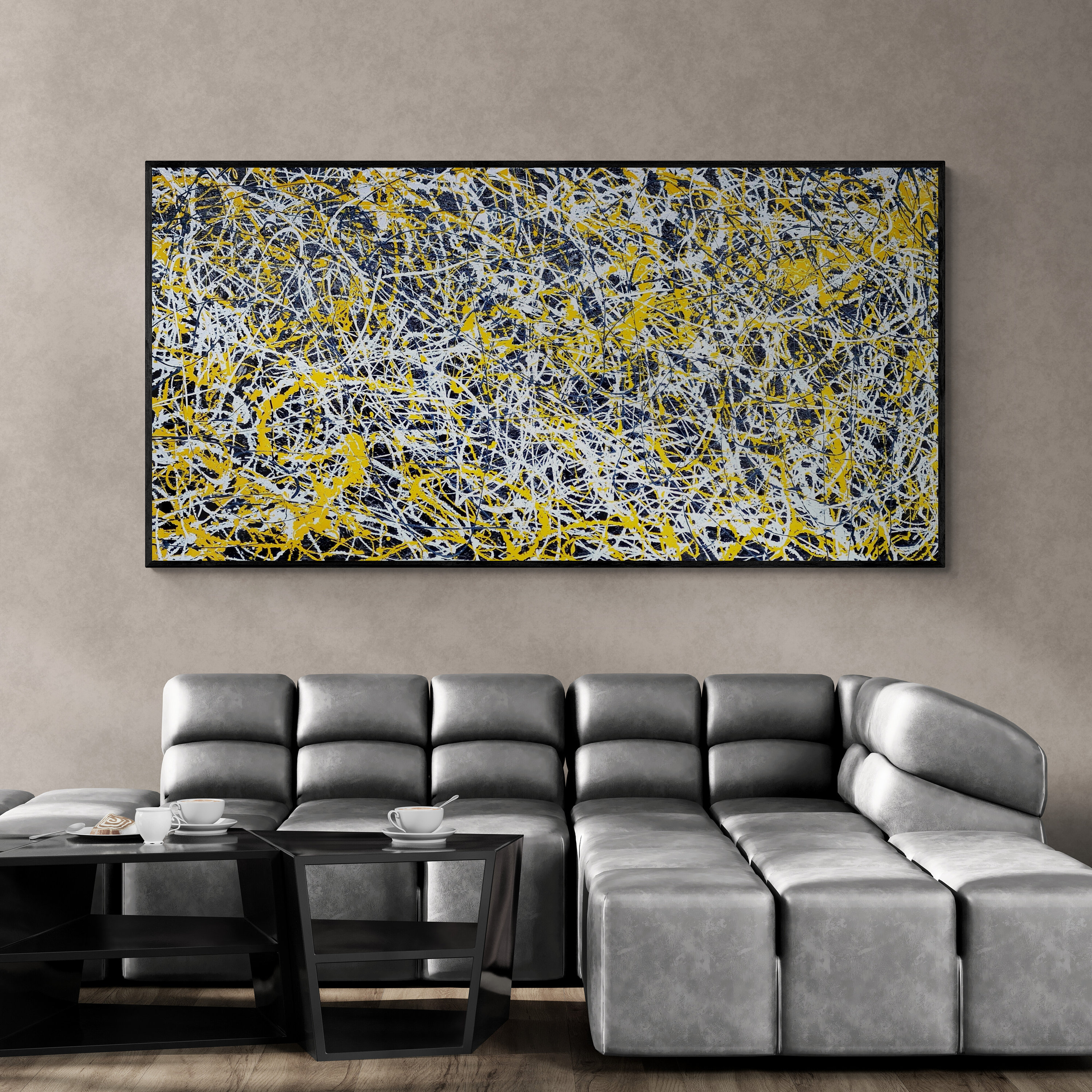 XXL Jackson Pollock Style Yellow & Black Canvas | Handmade Abstract ...