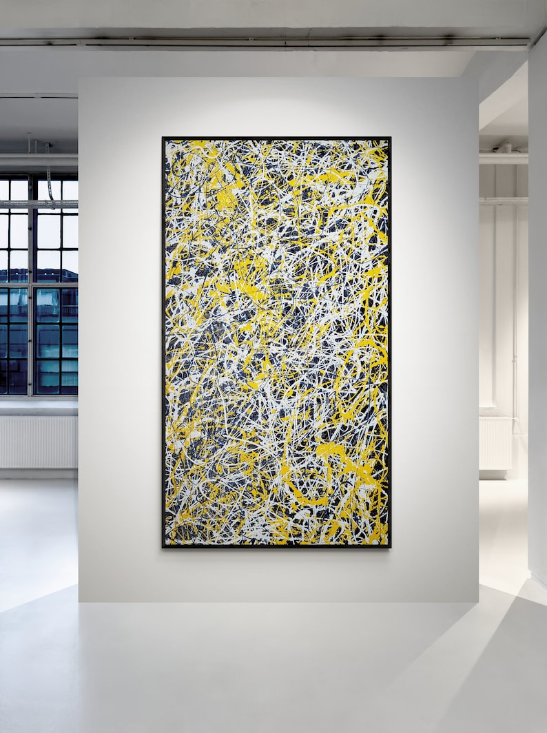 XXL Jackson Pollock Style Yellow & Black Canvas | Handmade Abstract ...