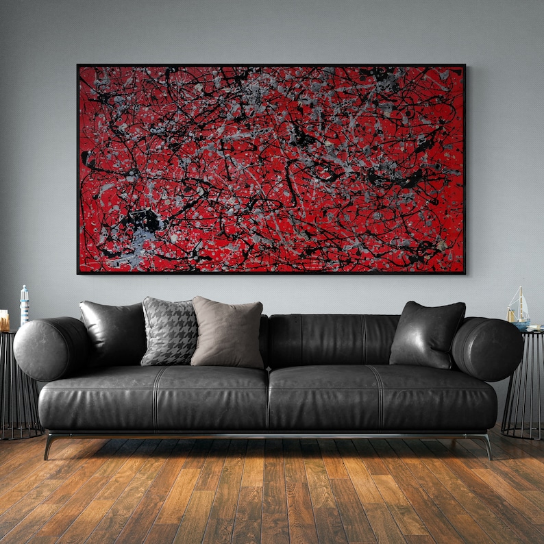 XXL Jackson Pollock Style Red Abstract Canvas | Handcrafted Large Wall ...