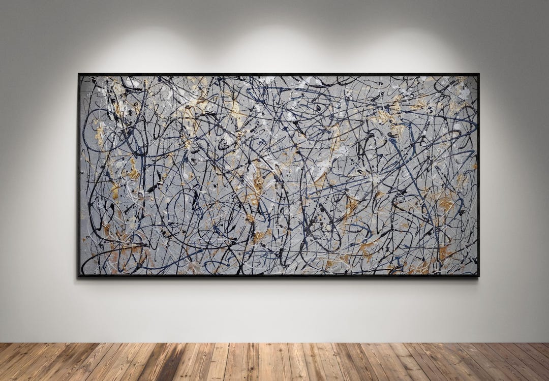 XXL Jackson Pollock Style Gray Canvas | Handmade Drip Abstract Painting ...